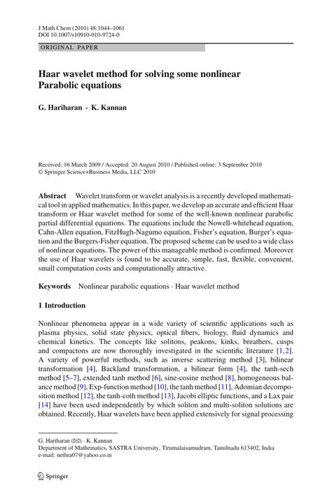 Pdf Haar Wavelet Method For Solving Some Nonlinear Parabolic Equations