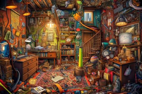 A Room Filled With Optical Illusions And Hidden Objects Stock