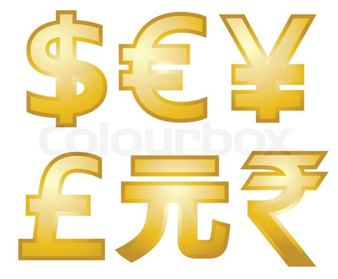 All Major Currency Symbols In Gold Dollars Euro Pounds Yen Yuan And Rupee Stock Vector