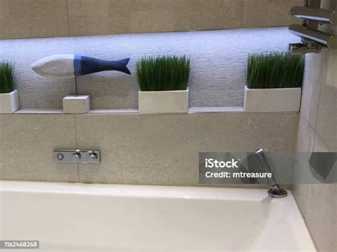 흰색 욕조 조명 현대 대형 베이지 색 직사각형 돌 타일 크롬 사다리 수건 라디에이터 화장실 벽 숨겨진 숨겨진 조명 나무 물고기 해변 테마 인공 잔디 식물과 현대 흰색 고급
