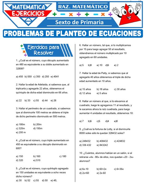 Problemas De Planteo De Ecuaciones Para Sexto Grado De Primaria Pdf