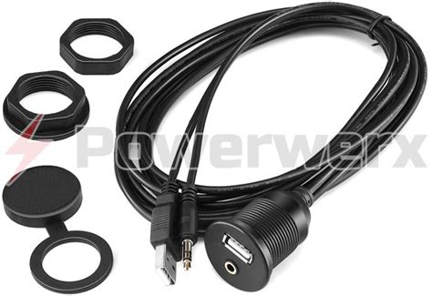 Powerwerx Panel Mount Combination Usb And Mm Stereo Jack With Ft Extension Cables