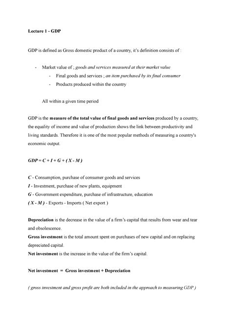 Econ 1010 Lecture 1 Gdp Lecture 1 Gdp Gdp Is Defined As Gross Domestic Product Of A