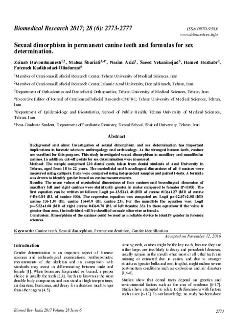 Pdf Sexual Dimorphism In Permanent Canine Teeth And Formulas For Sex