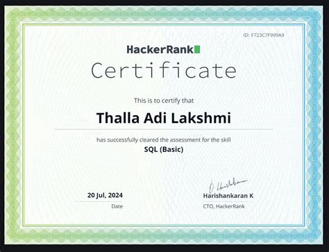 Finished Sql Basic On Hackerrank Thalla Adi Lakshmi Posted On The