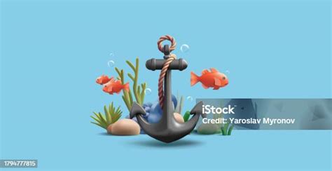 물고기와 검은 항해 앵커와 수중 산호초의 그림을 3d 렌더링 만화 다이빙 또는 스노클링 구성을 렌더링 3차원 형태에 대한 스톡 벡터 아트 및 기타 이미지 Istock