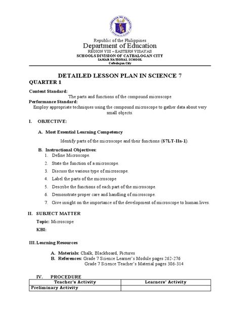 Lesson Plan In Microscope Grade 7 Pdf Chemical Elements Chemical Substances