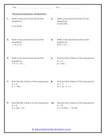 Recursive Sequence Worksheets