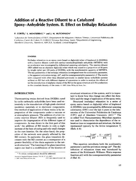 Addition Of A Reactive Diluent To A Catalyzed Epoxy Anhydride System Ii Effect On Enthalpy