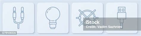 세트 라인 오디오 잭 전기 회로 구성 표 아이디어와 Usb 케이블 코드의 개념과 전구 흰색 정사각형 버튼 벡터 0명에 대한 스톡 벡터 아트 및 기타 이미지 Istock