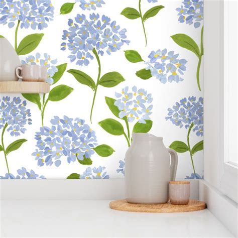 Muted Blue Hydrangea Pattern Large Wallpaper Spoonflower