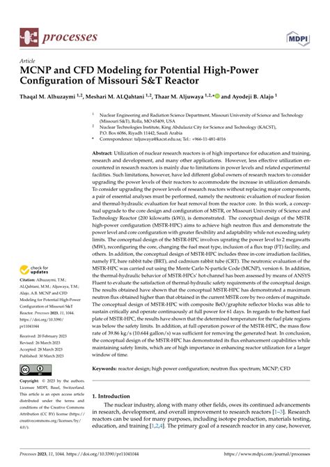 PDF MCNP And CFD Modeling For Potential High Power Configuration Of Missouri S T Reactor