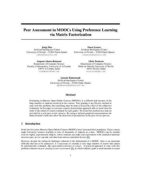 Pdf Peer Assessment In Moocs Using Preference Learning Via Matrix Factorization