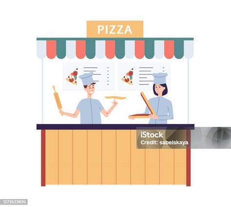 길거리 포장마차에서 이탈리아 패스트푸드를 판매하는 만화가 있는 피자 키오스크 음식에 대한 스톡 벡터 아트 및 기타 이미지 음식 2명 거리 Istock
