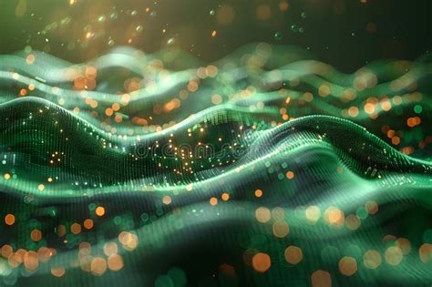 Abstract Green Waves And Glowing Particles For Futuristic Design