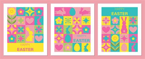 Set Of Modern Happy Easter Banners Modern Trendy Minimalist Bauhaus