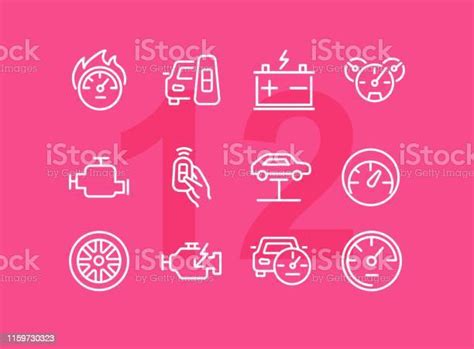 자동 서비스 아이콘입니다 흰색 배경의 선 아이콘 집합입니다 속도계 엔진 바퀴 자동차 역학 개념 벡터 일러스트레이션은 운송 서비스 자동차 와 같은 주제에 사용할 수 있습니다