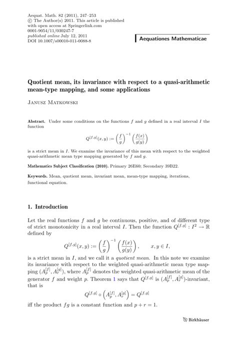 Pdf Quotient Mean Its Invariance With Respect To A Quasi Arithmetic Mean Type Mapping And