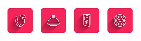 세트 라인 코코넛 칵테일 트레이 브로셔 및 긴 그림자가 있는 선박 현창 바다 풍경으로 덮여 있습니다 빨간색 사각형 버튼입니다 벡터 0명에 대한 스톡 벡터 아트 및 기타