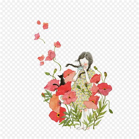 花丛中的小女孩和猫咪png图片素材下载图片编号9397872 Png素材网