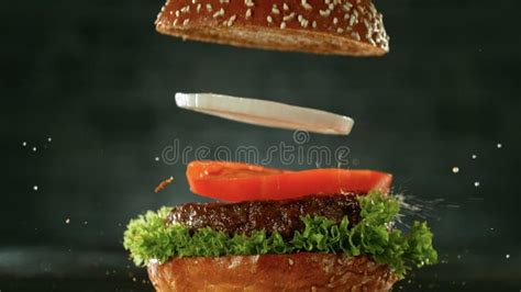 Beef Burger Ingredients Falling Stock Image Image Of American