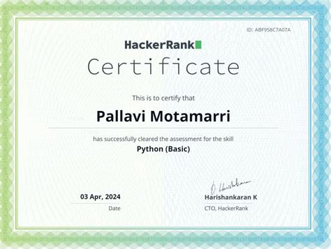 Hackerrank Certificate For Python Basic Pallavi Motamarri Posted On