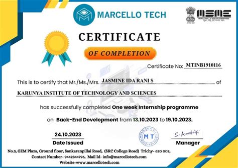 Successfully Completed One Week Internship Programme On Back End Jasmine Ida Rani S