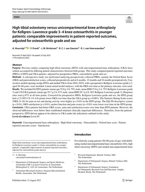 Pdf High Tibial Osteotomy Versus Unicompartmental Knee Arthroplasty For Kellgren Lawrence