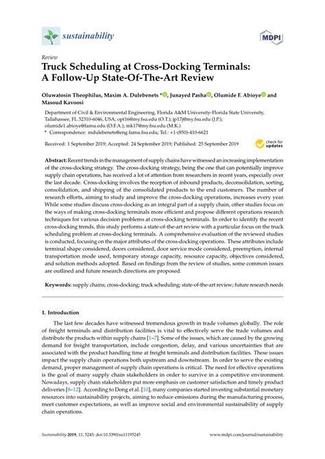 Pdf Truck Scheduling At Cross Docking Terminals A Follow Up State Of The Art Review