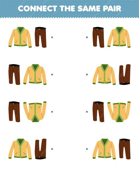 어린이를 위한 교육 게임은 귀여운 만화 카디건과 바지 쌍 인쇄 가능한 웨어러블 의류 워크시트의 동일한 그림을 연결합니다
