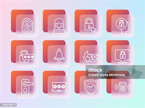 회선 잠금 비밀번호가 있는 노트북 방화벽 보안 벽 방패 확인 표시 울리는 알람 벨 지문 및 아이콘을 설정합니다 벡터 그래픽 프린트에 대한 스톡 벡터 아트 및 기타 이미지
