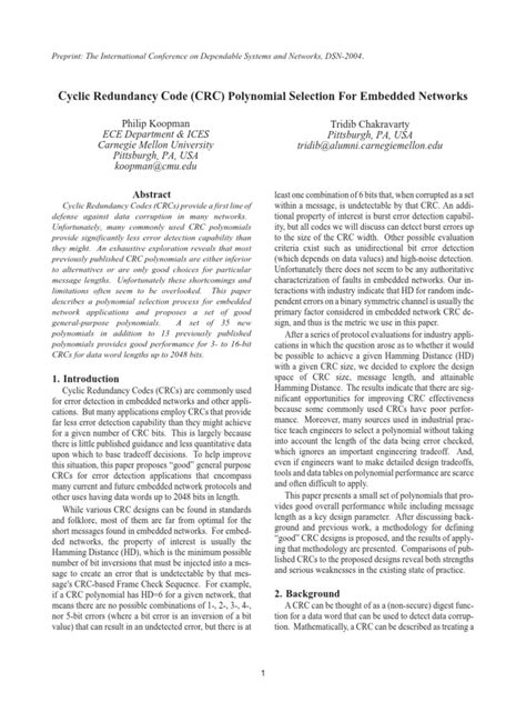 cyclic redundancy code crc polynomial selection for embedded networks