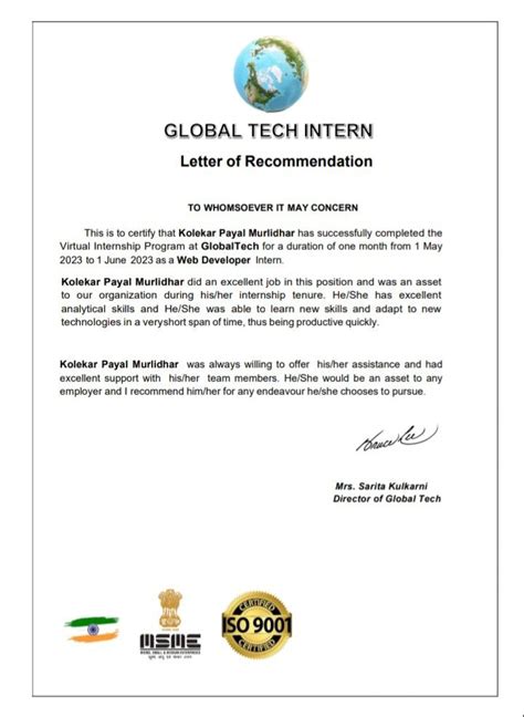 Payal Kolekar On Linkedin Webdevelopment Intern Share Letterofrecommendation Globaltechintern