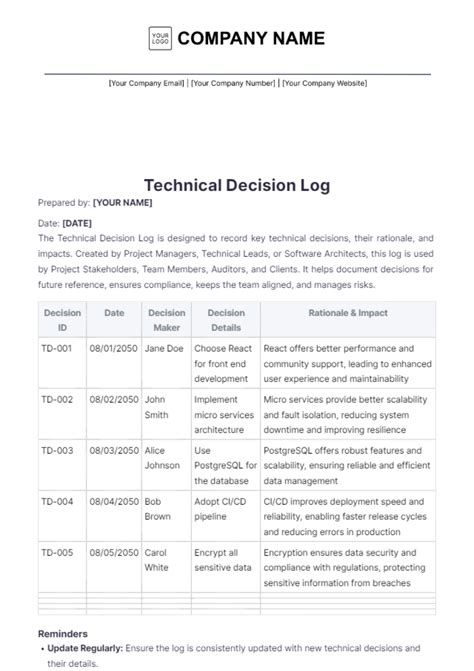 Free Technical Decision Log Template To Edit Online