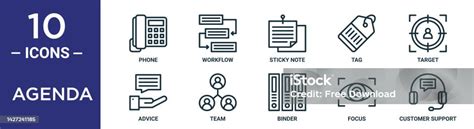 의제 개요 아이콘 세트에는 얇은 라인 전화 스티커 메모 대상 팀 초점 고객 지원 보고서 프리젠 테이션 다이어그램 웹 디자인에