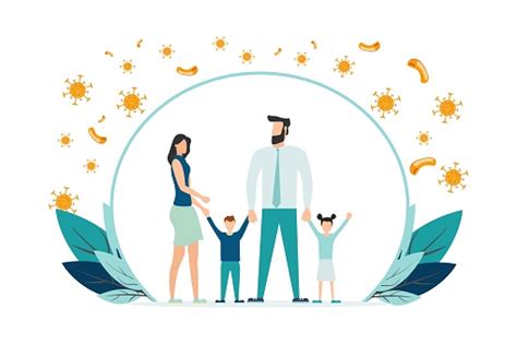 아이들과 함께 행복한 부모는 바이러스와 질병으로부터 보호됩니다 좋은 면역 예방 접종 및 건강한 라이프 스타일 트렌디 한 스타일의 가족 초상화 플랫 벡터 일러스트레이션 가족에