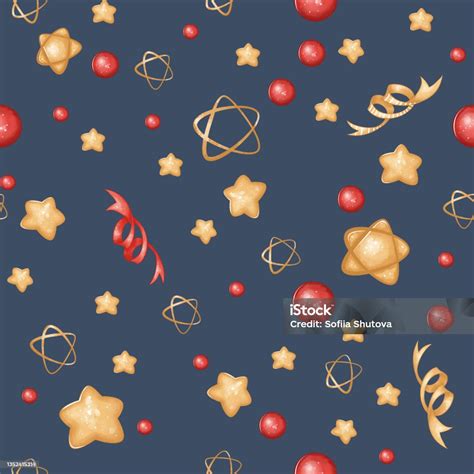 골드 스타와 빨간 장난감크리스마스 매끄러운 패턴 푸른 배경에 반짝 기하학적 원활한 패턴은 직물 포장지 선물 카드의 축제 장식에