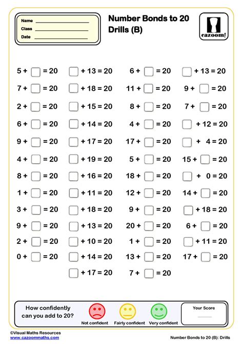 Number Bonds To 20 Drills Worksheet 50 Questions Pdf Printable