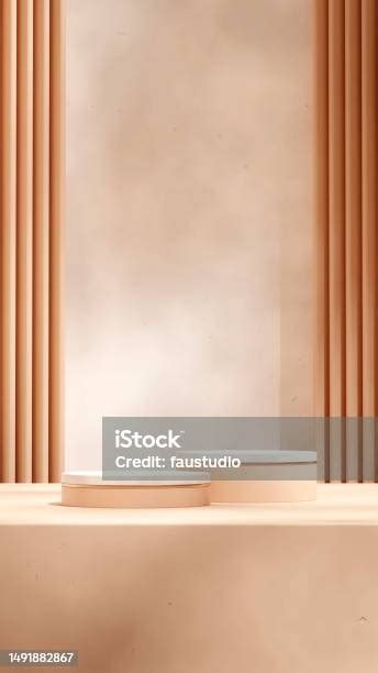 흰색과 갈색 연단은 초상화 무늬 벽 배경 3d 렌더링 모형 템플릿 0명에 대한 스톡 사진 및 기타 이미지 0명 3차원 형태 갈색 Istock