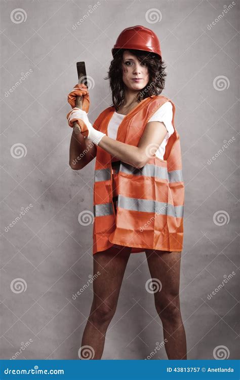 Girl In Safety Helmet Holding Hammer Tool Stock Image Image Of Equality Industry 43813757