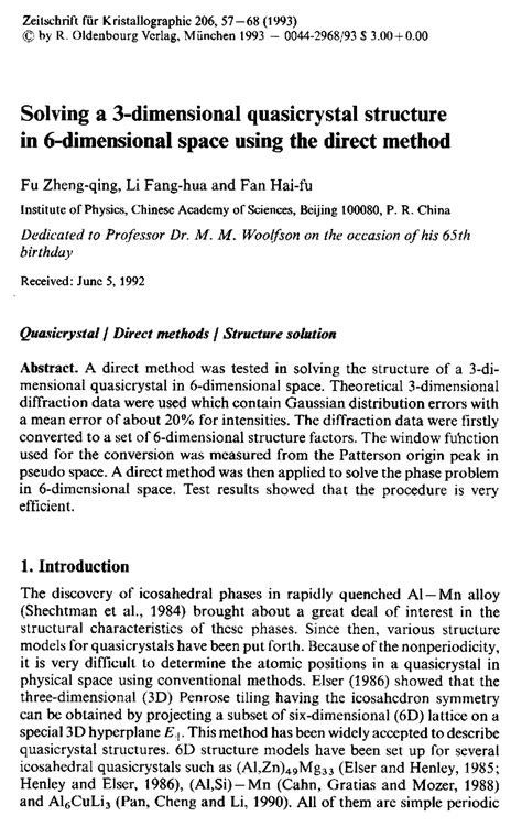 Pdf Solving A 3 Dimensional Quasicrystal Structure In 6 Dimensional Space Using The Direct Method