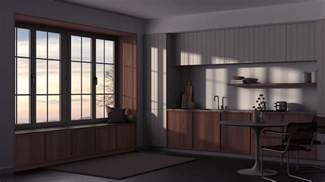 Japandi 트렌디 한 목조 주방과 식당 나무 캐비닛 테이블 및 대리석 상판 미니멀리스트 인테리어 디자인 어두운 늦은 저녁 장면 부엌에 대한 스톡 사진 및 기타 이미지