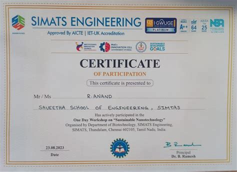 Attended A One Day Workshop On Sustainable Nanotechnology Held On 2382023 At Simats Chennai