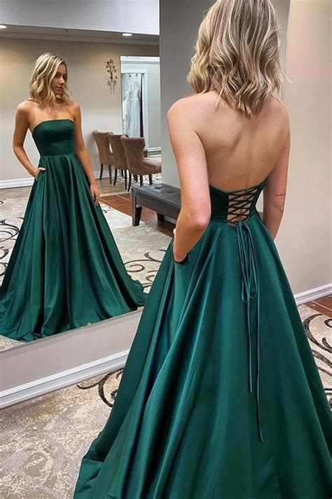 Strapless Dark Green Satin Prom Dress Jta2151