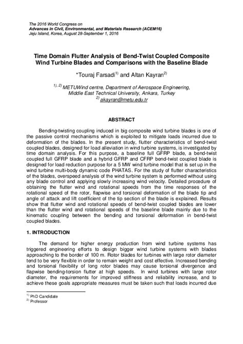 Pdf Time Domain Flutter Analysis Of Bend Twist Coupled Composite Wind Turbine Blades And