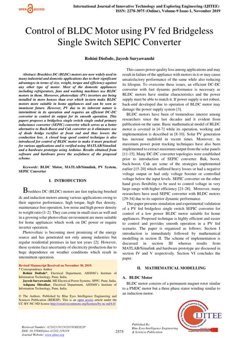 Pdf Control Of Bldc Motor Using Pv Fed Bridgeless Single Switch Sepic Converter