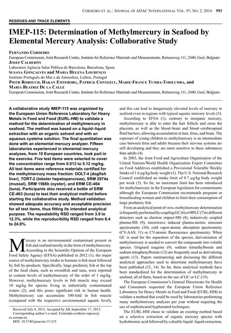 Pdf Imep 115 Determination Of Methylmercury In Seafood By Elemental Mercury Analysis