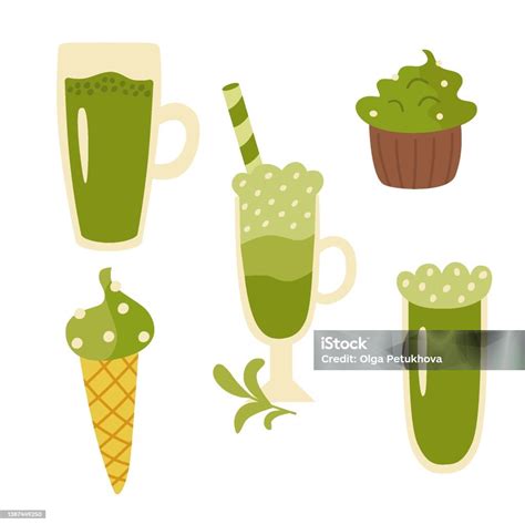 말차 가루 녹차와 음료와 과자 아이스크림 컵케이크 라떼 칵테일 벡터 그림이 격리되었습니다 엽서 디자인 장식용 0명에 대한 스톡 벡터 아트 및 기타 이미지 Istock