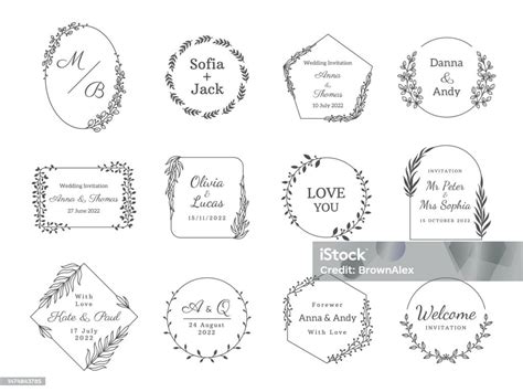 웨딩 프레임 로고입니다 청첩장 카드를 위한 미니멀하고 우아한 장식 요소가 있는 꽃 테두리 모노그램 벡터 현대 월계관 엠블럼 세트 검은색에 대한 스톡 벡터 아트 및 기타