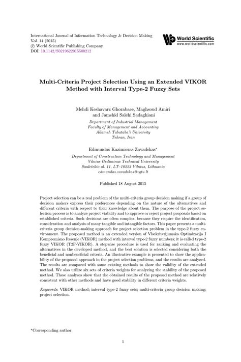 Pdf Multi Criteria Project Selection Using An Extended Vikor Method With Interval Type 2 Fuzzy